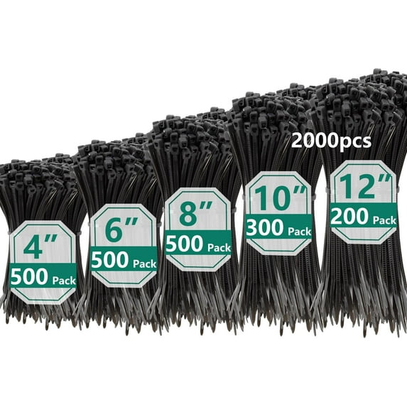 2000 PCS Zip Ties Assorted Sizes 4+6+8+10+12 Inch Self-locking Nylon ...