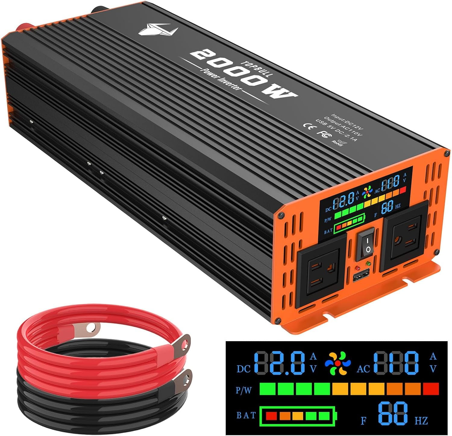 2000 Watt Power Inverter for Vehicle Car Inverter 12V DC to 110V AC ...