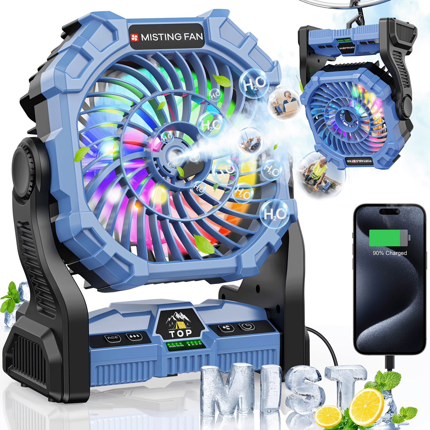 20000 MAh Battery-powered Camping Fan-misting Fan, 4 Speed Settings ...