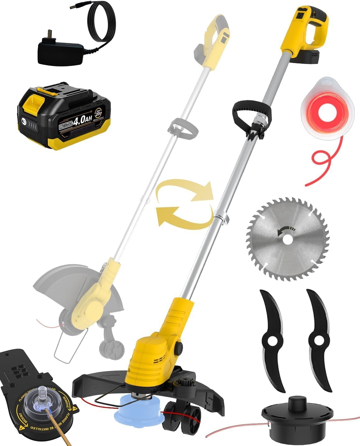 20000 RPM(4.0AhX1) Electric Weed Wacker,Dual-Durable-Line,Metal Blades ...