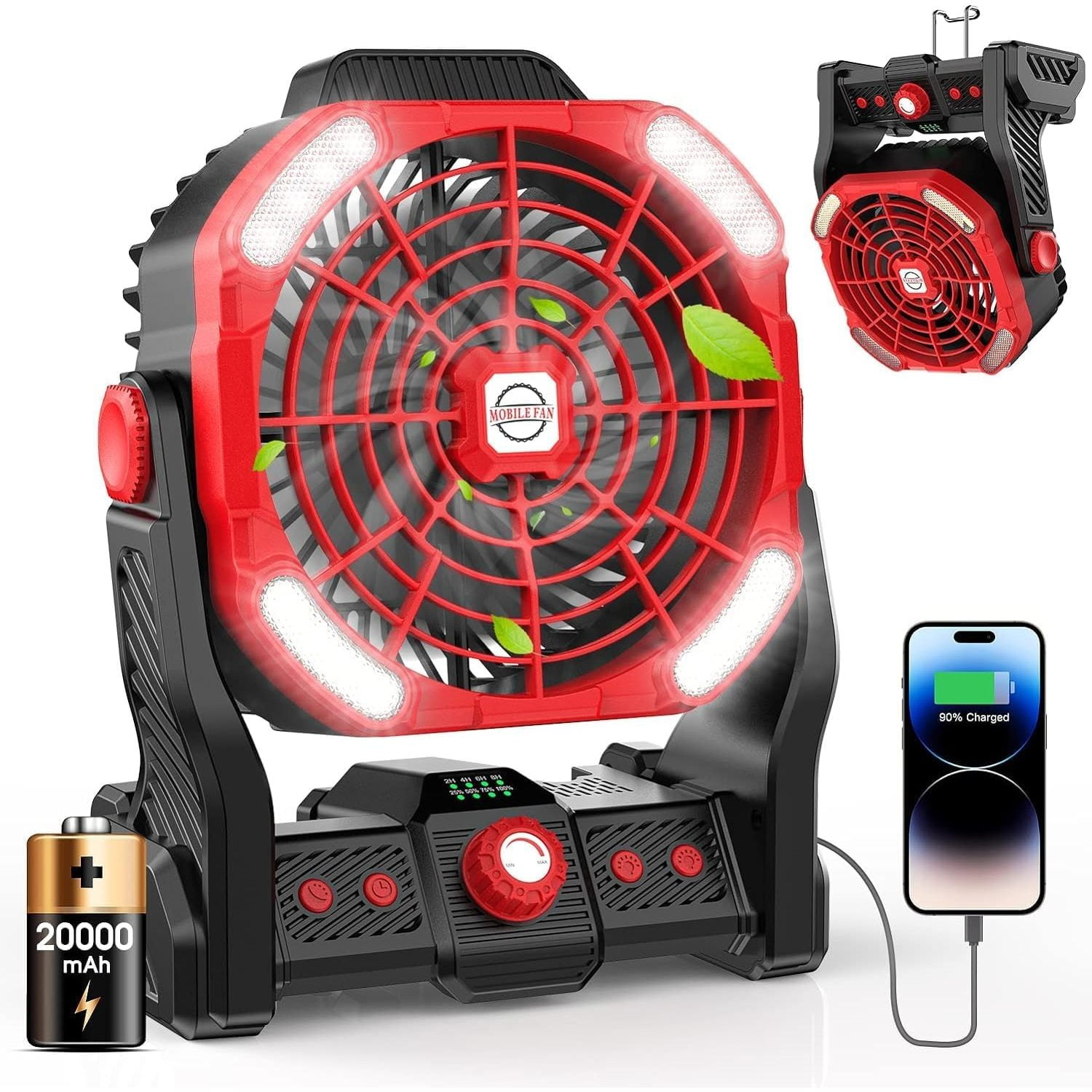 20000mAh Battery Powered Portable Fan - Rechargeable Outdoor Camping ...