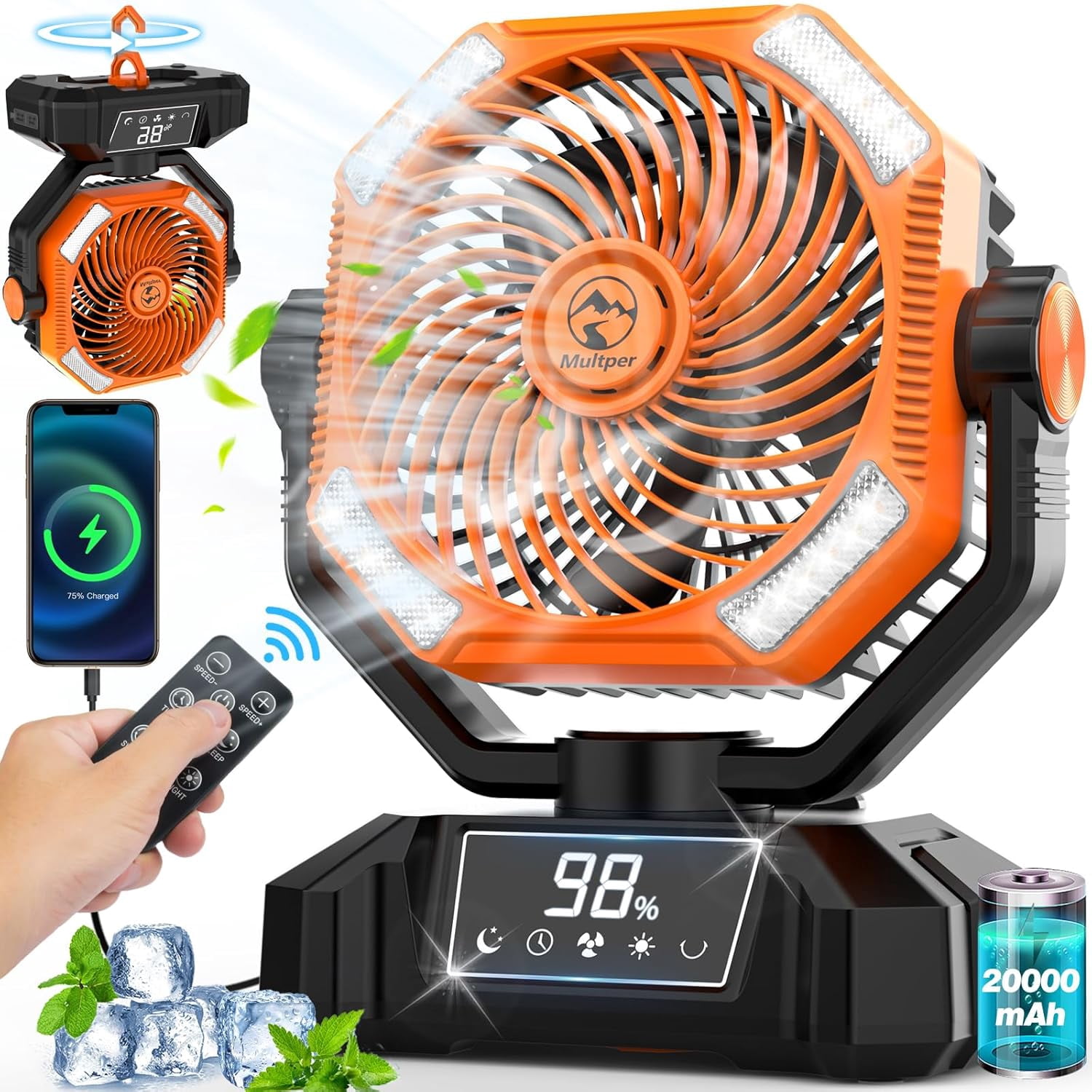 20000mAh Camping Fan with LED Lantern, 65H Runtime Battery Operated Fan ...
