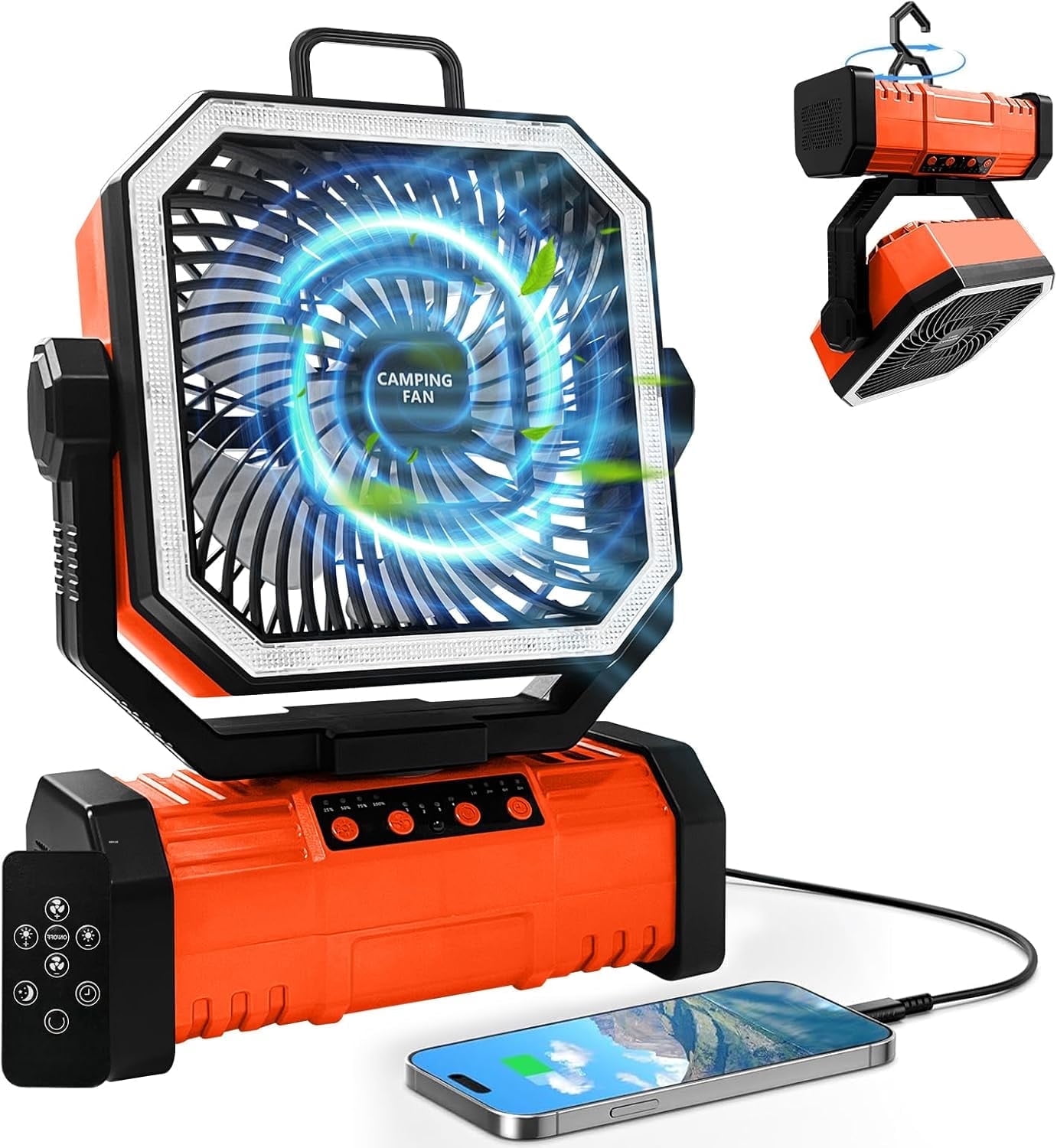 SuperRGB Rechargeable 20000mAh Camping Fan with LED Lights, Remote ...
