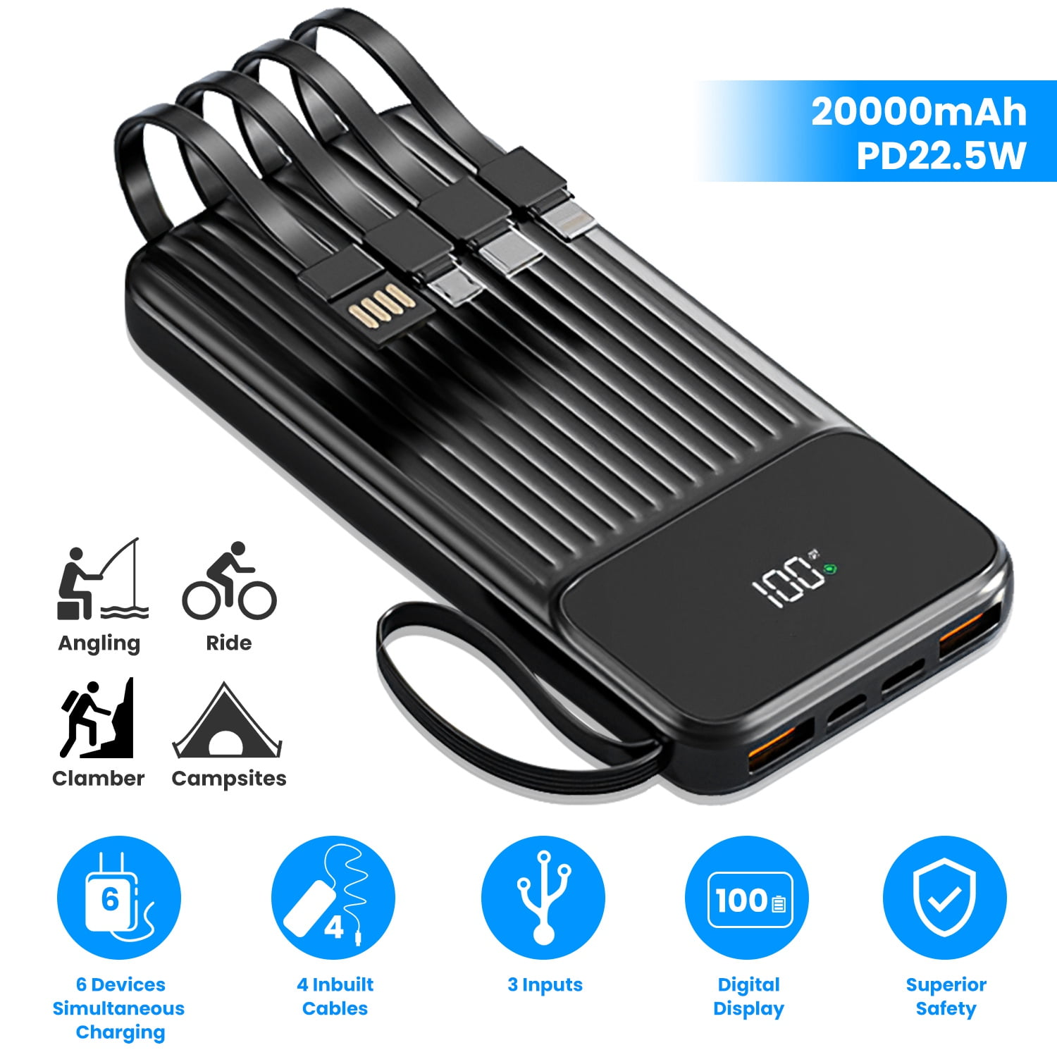 20000mAh Portable Handle Power Bank, PD22.5W Digital Display Fast Charger with 4 Builtin Cables ...