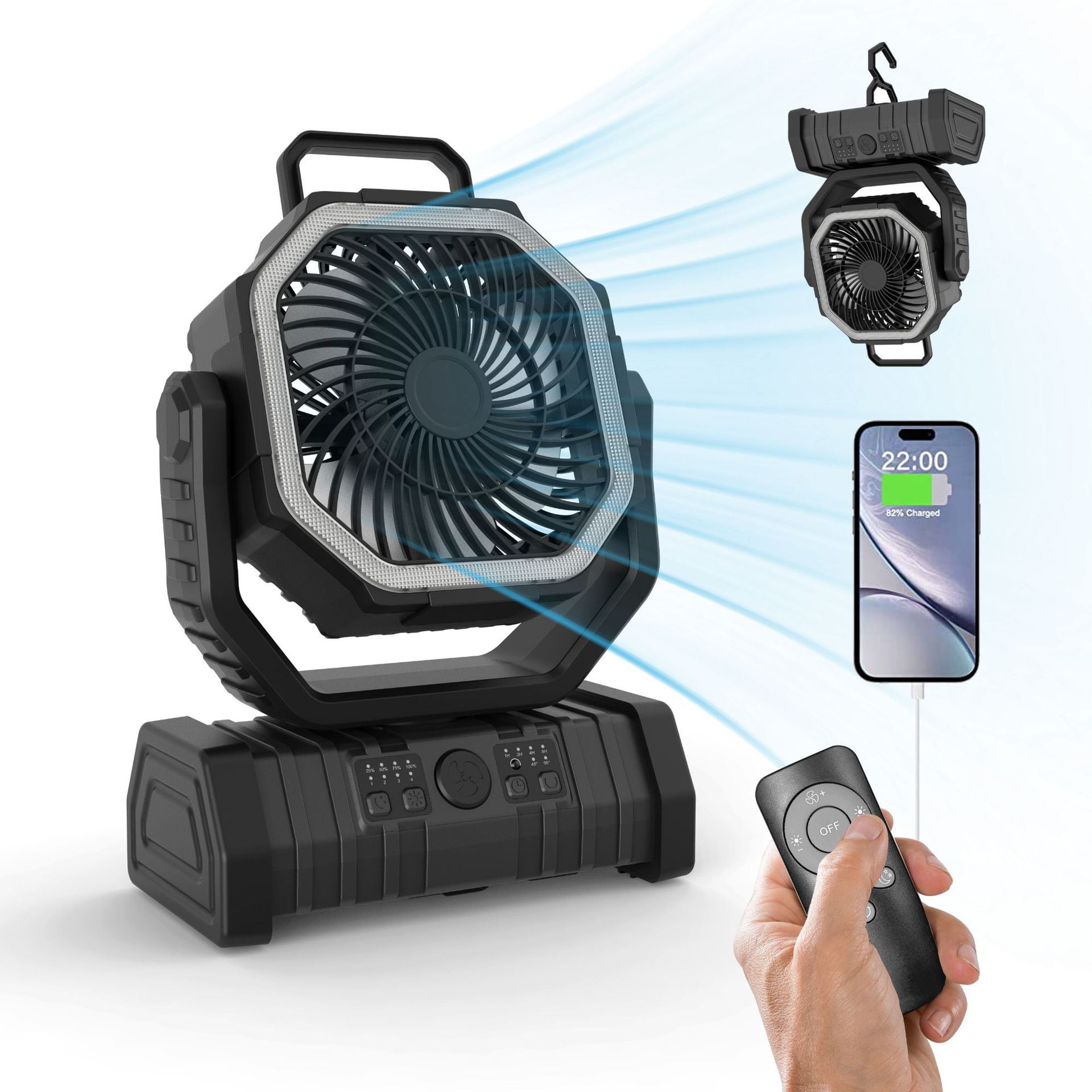 20000mAh Rechargeable Camping Fan with LED Light, Portable Multi ...