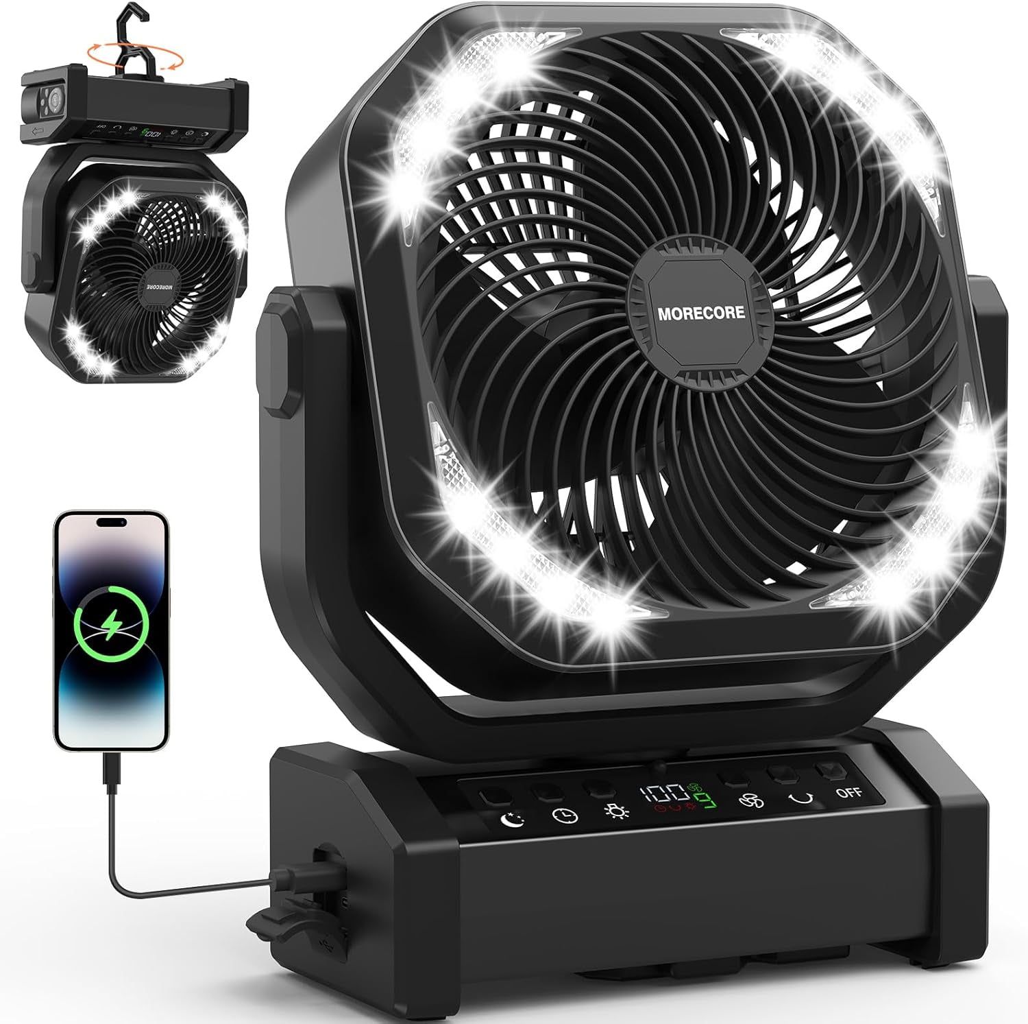 20000mAh Rechargeable Camping Fan with Light, 112HRS Running, 9-Speed ...
