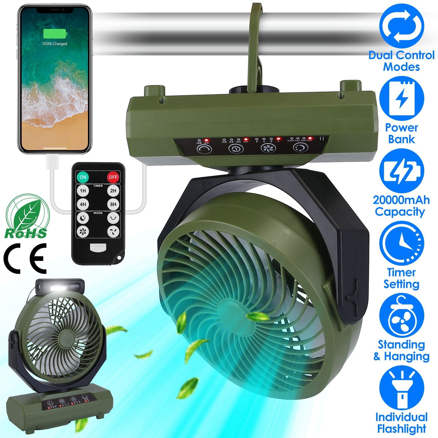 20000mAh Rechargeable Oscillating Camping Fan with Flashlight Hanging ...