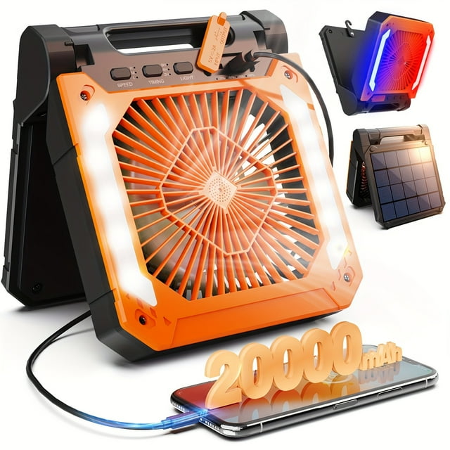 20000mAh Rechargeable Solar Powered Portable Fan with Led Lantern, 3 ...