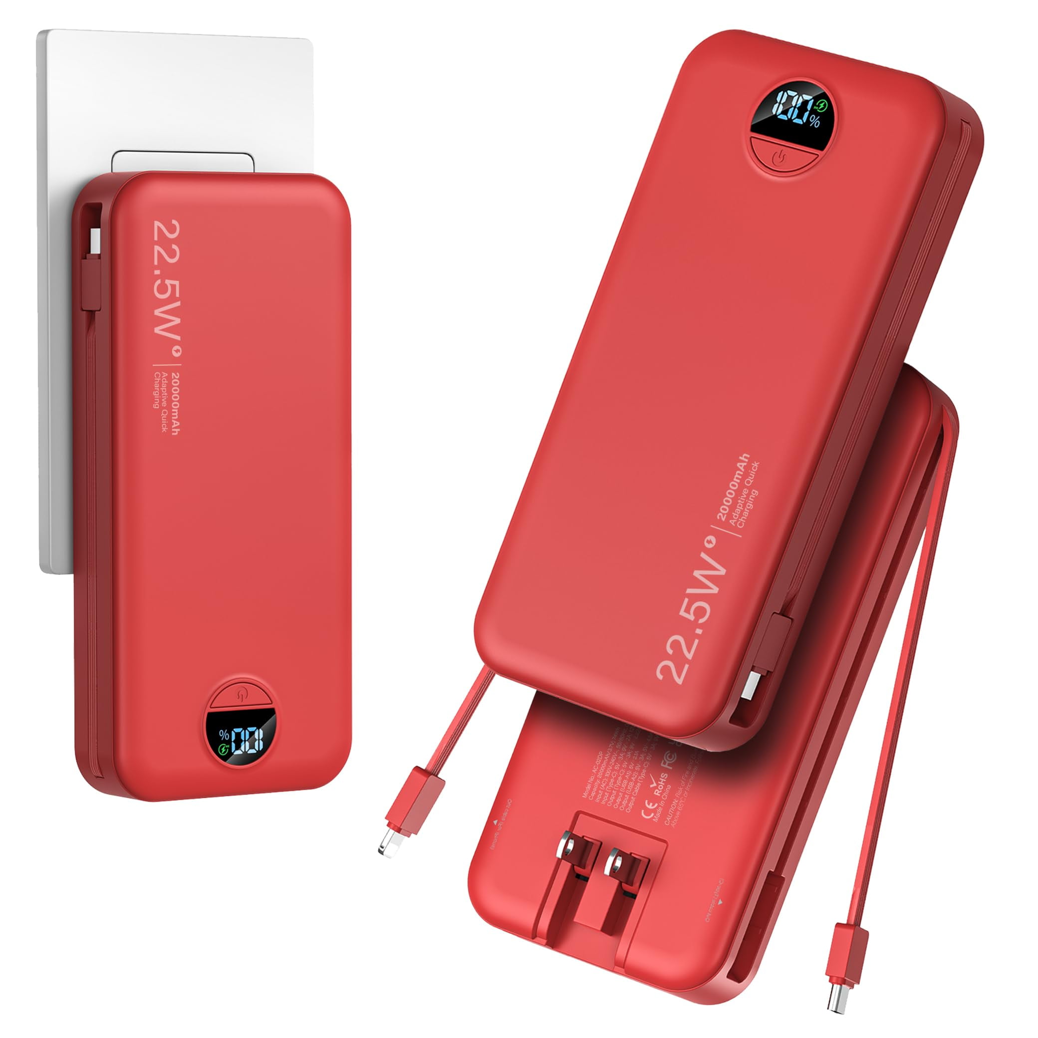 20000mAh Ultra-Portable-Charger-Power-Bank with Built in Cables&AC Wall ...