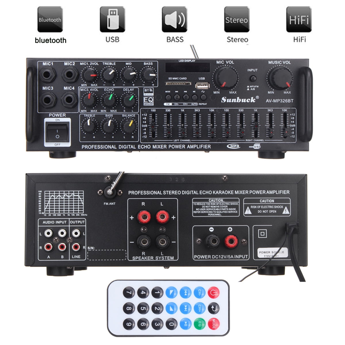 2000W 110V Stereo Power Amplifier, Bluetooth, MP3 USB SD Card, LCD ...