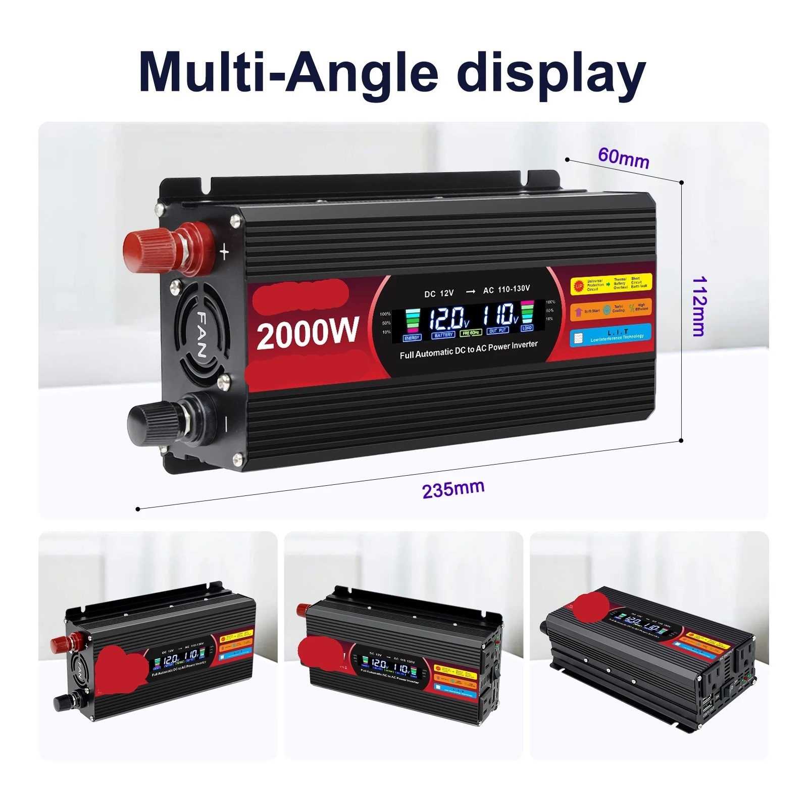 2000W Car Power Inverter DC 12V to 110V 60HZ AC Converter with AC ...