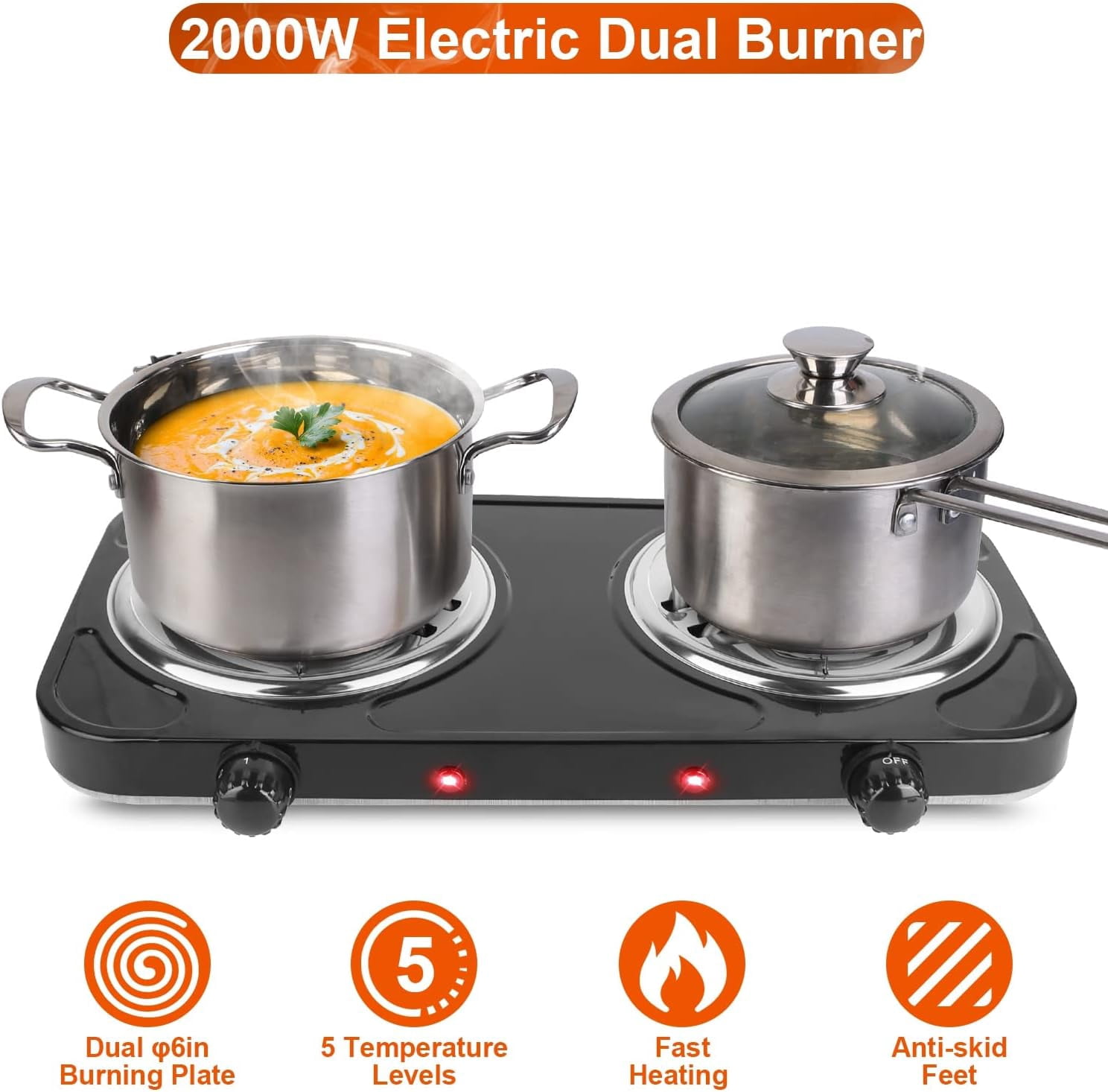2000W Electric Double Burner Coil Stove - Portable Hot Plate Electric ...