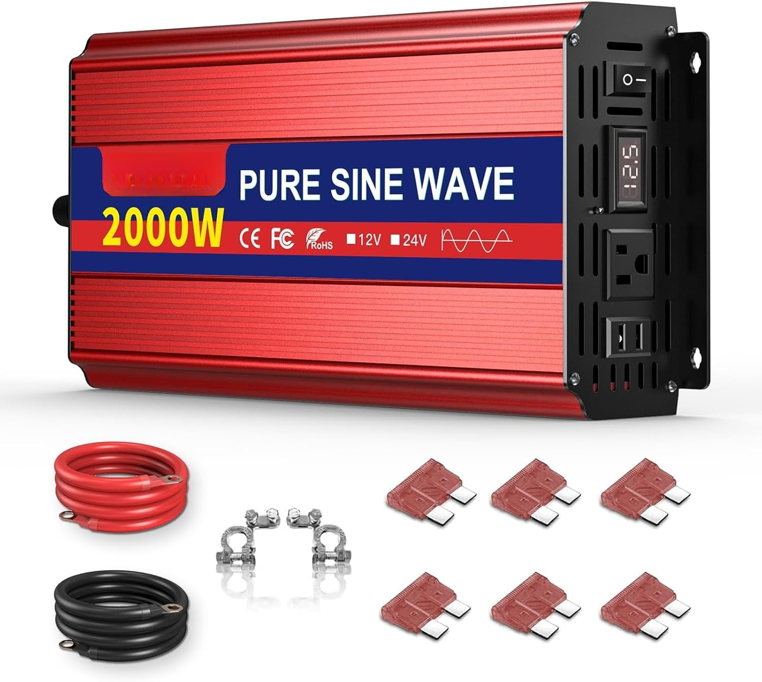 2000W Pure Sine Wave Inverter, 12V DC to 110V/120V AC Power Inverter ...