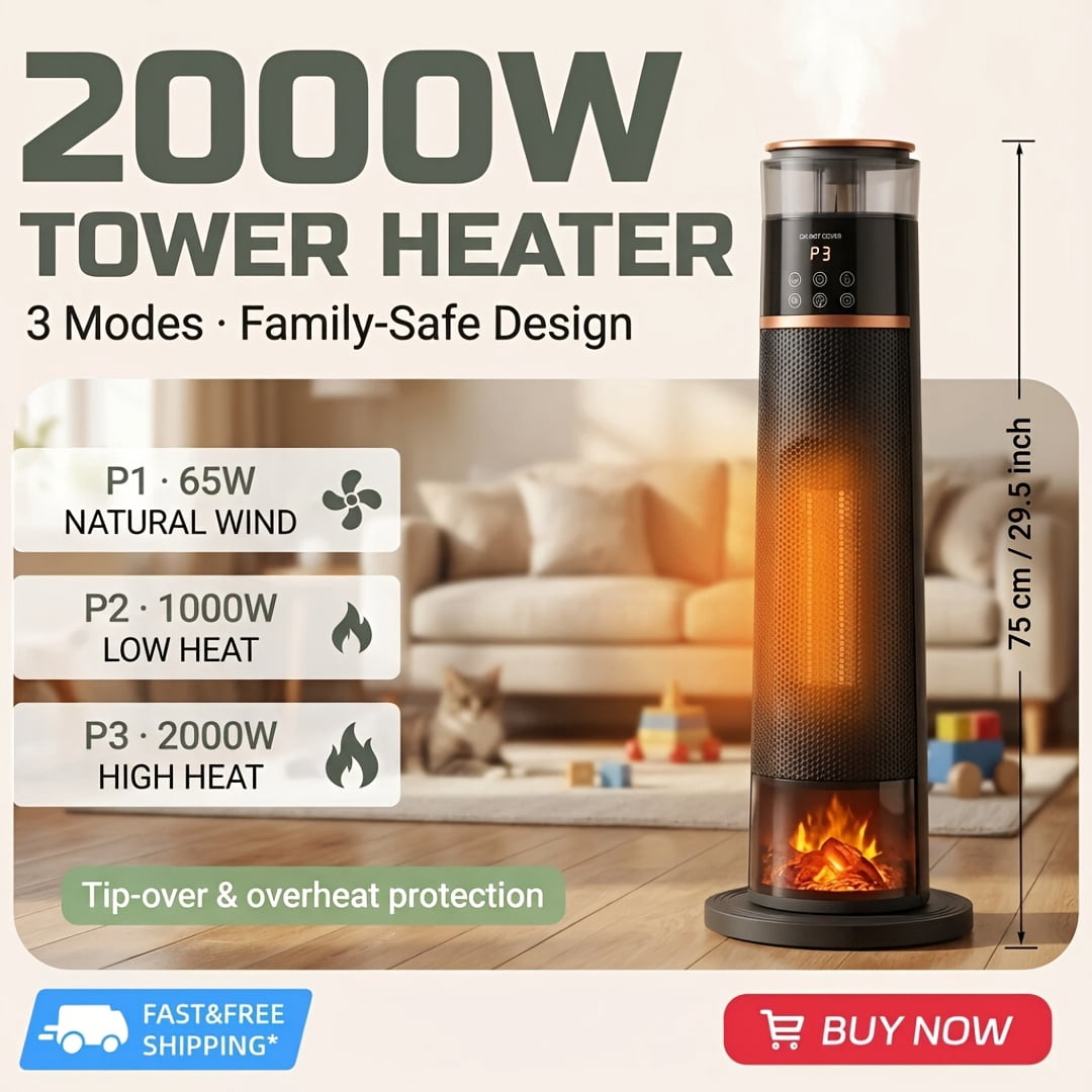 2000W Space Heater - 3D Flame Humidifier Fan 120° Oscillation 8 Safety ...