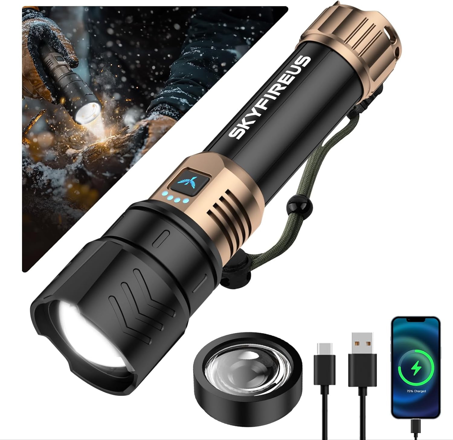 2000lm LED Flashlight with Ignition Lens – Super Bright Rechargeable ...