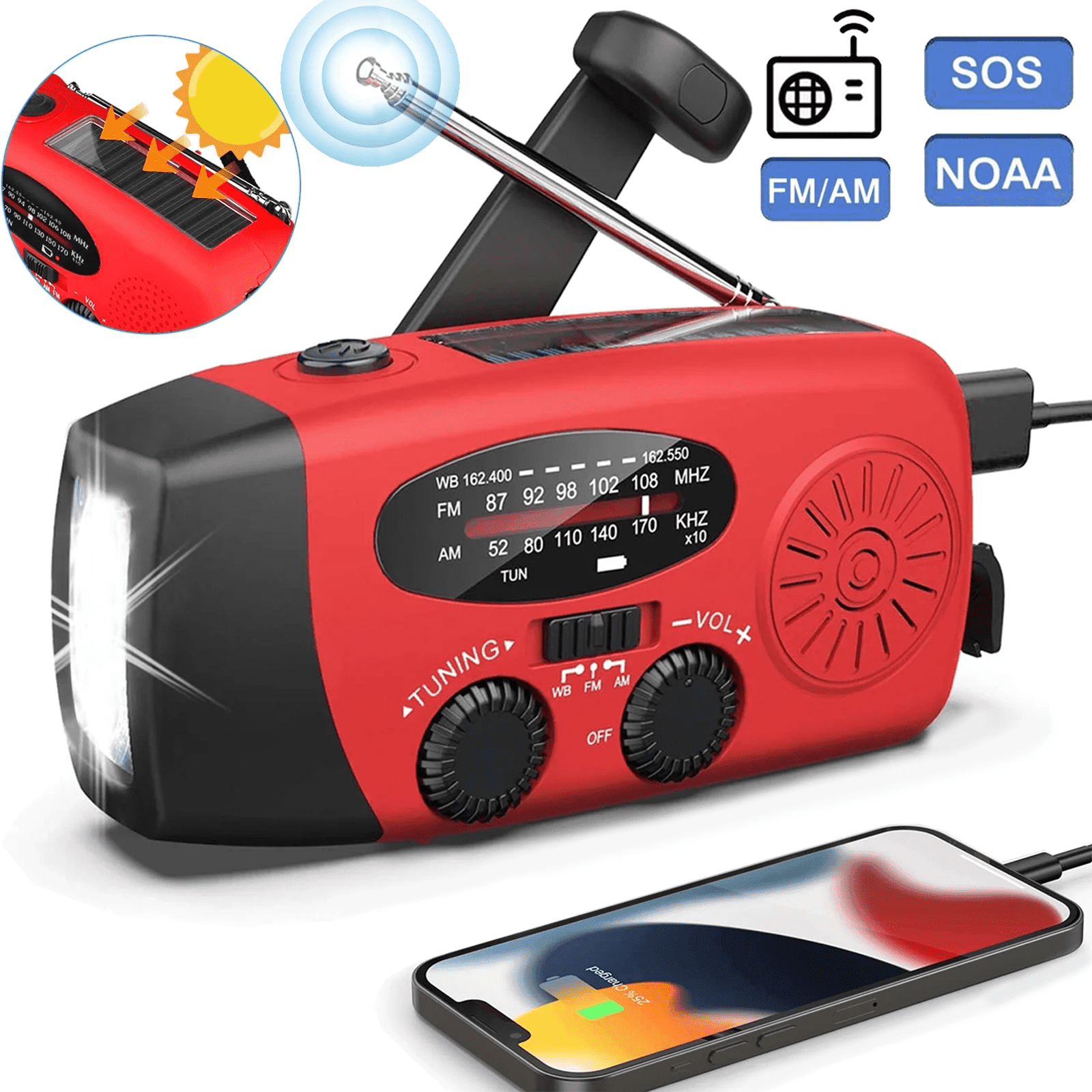 2000mAh NOAA Emergency Weather Radio, AM FM WB Hand Crank Radio with ...