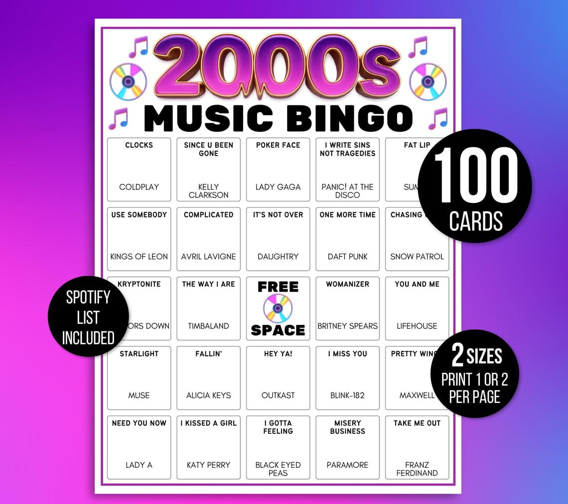 2000s Bingo, 2000s Song Bingo, 2000s Music Bingo, Y2K Retro Bingo, 100 ...