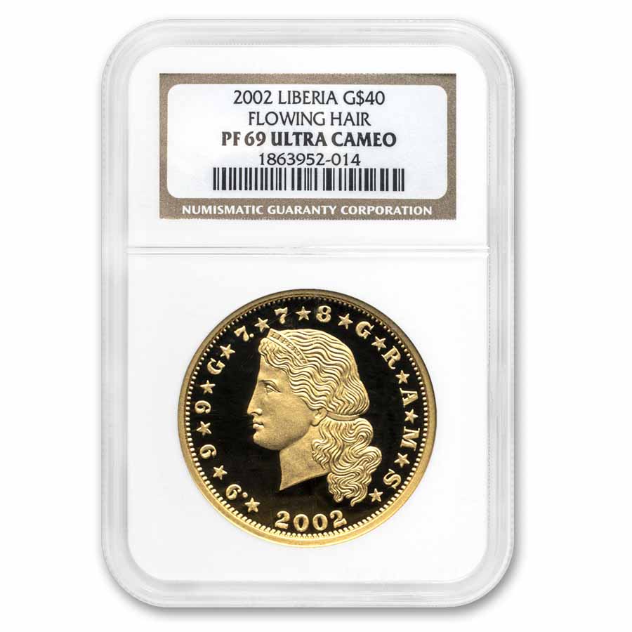 2002 Liberia Proof Gold 40 Dollars Stella PF-69 NGC (Flowin Hair ...