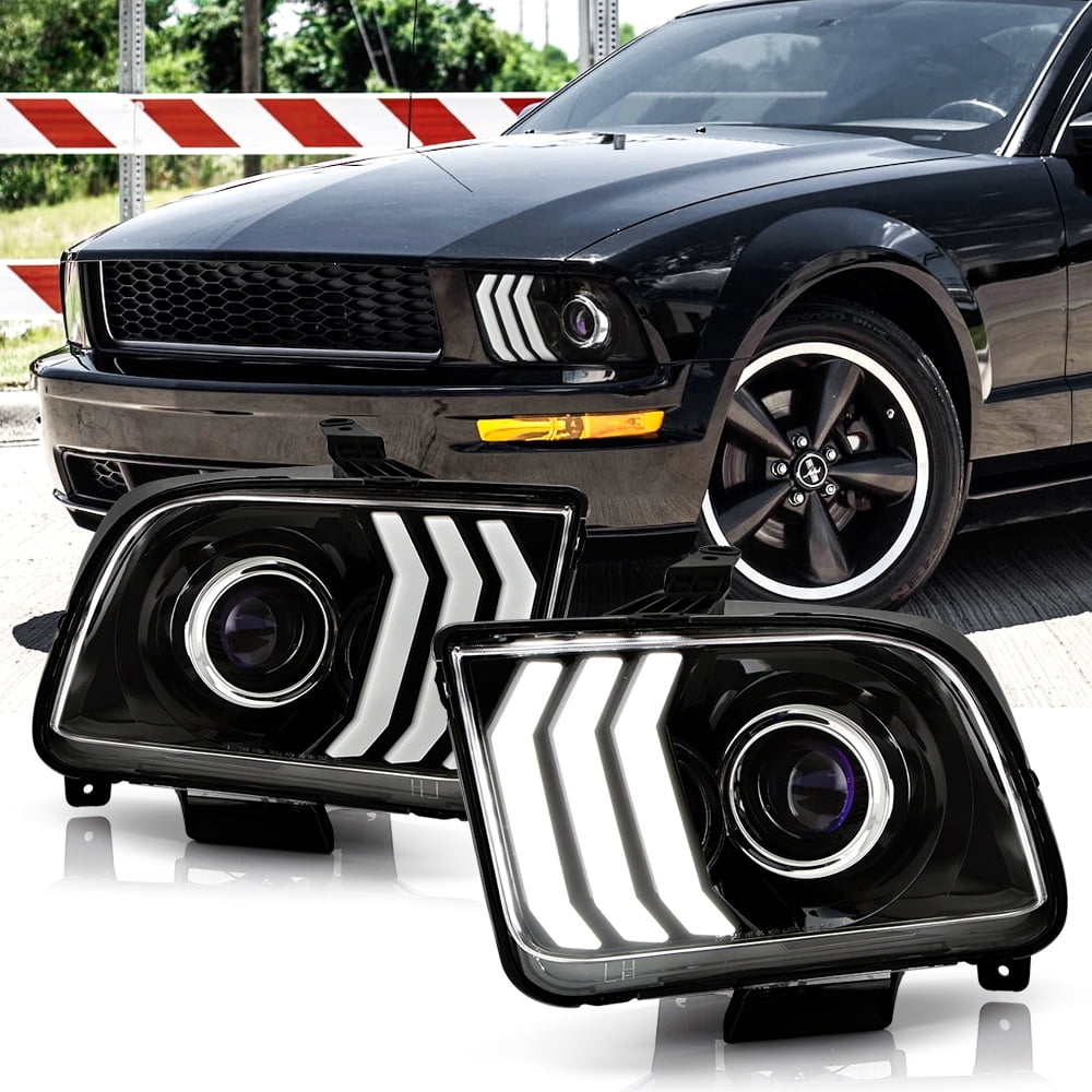 2005-2009 Ford Mustang Black w/LED DRL Tube Projector Headlights ...