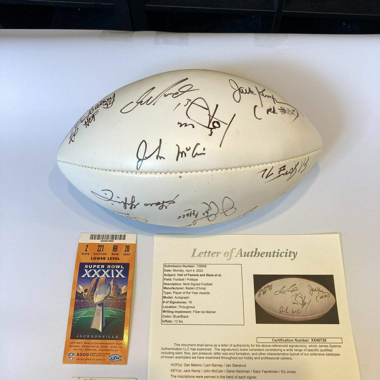 2005 Super Bowl Signed Football Dan Marino Gene Hackman Jack Kemp John ...