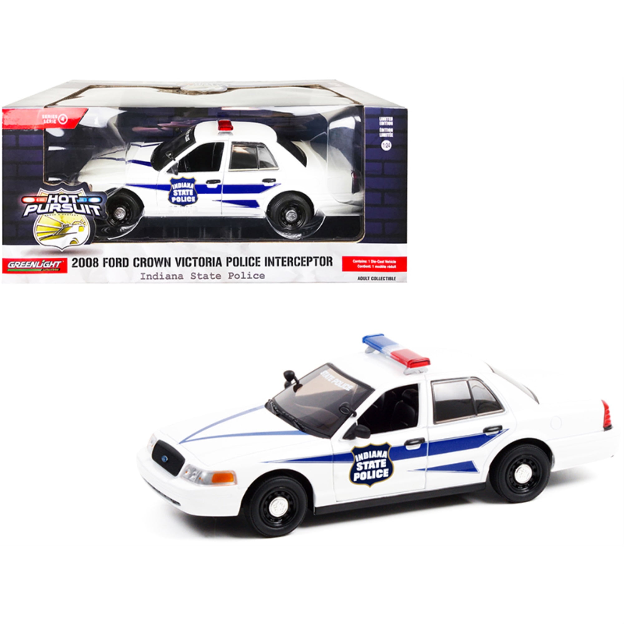 2008 Ford Crown Victoria Police Interceptor White w/Dark Blue Stripes (Indiana) Hot Pursuit 1/24 ...