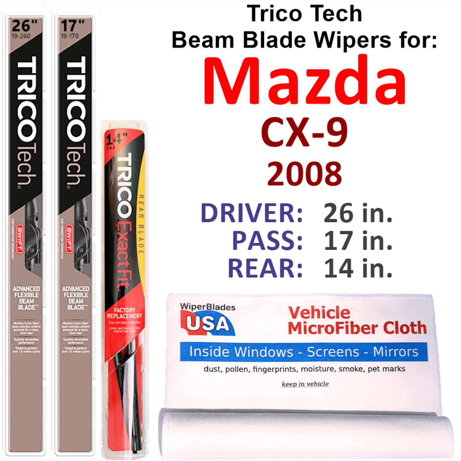 2008 Mazda CX-9 Beam Blade Wipers (Set of 3) w/Rear Wiper - Walmart.com