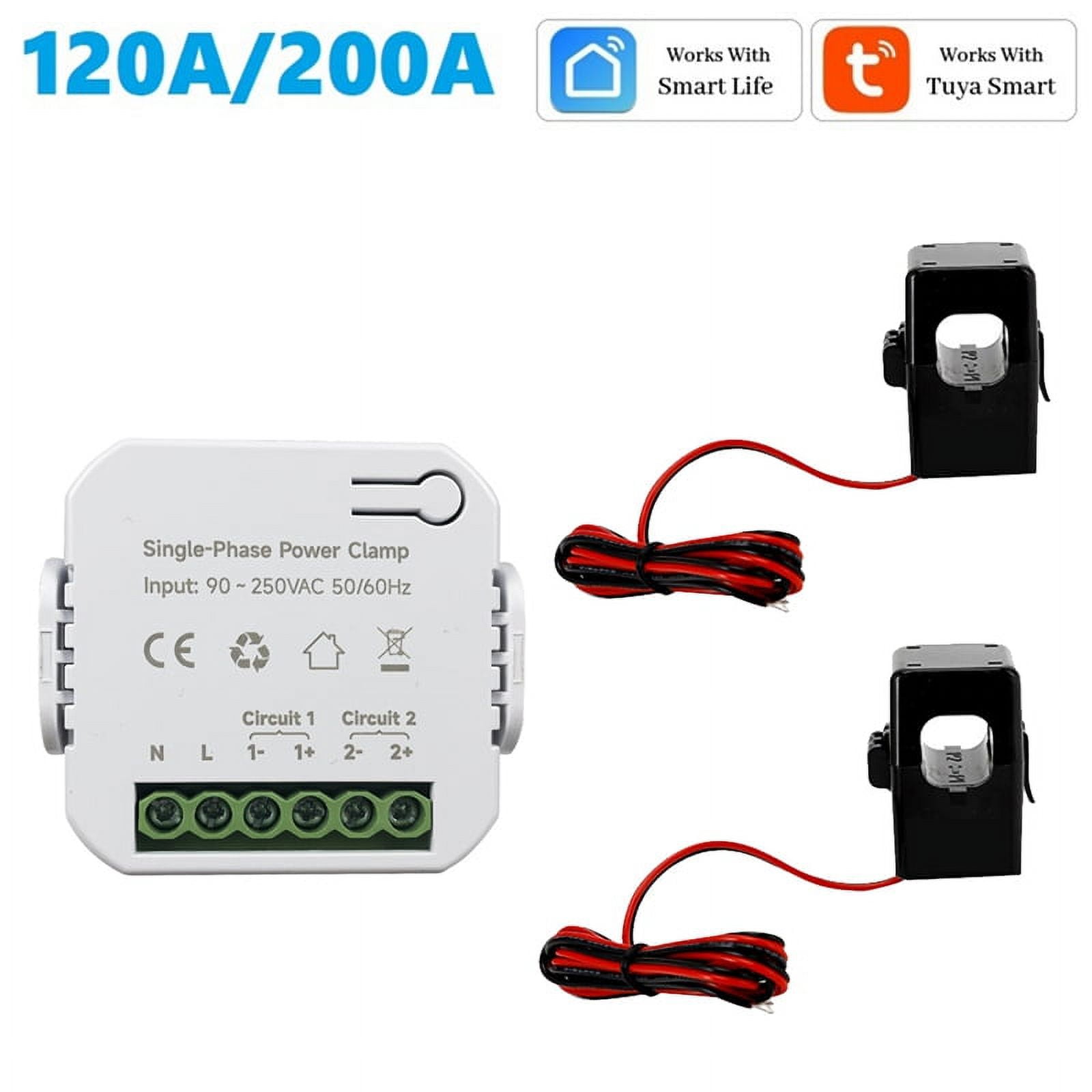 200A Tuya Smart WiFi Energy Meter with 2XCurrent Transformer Clamp 90 ...