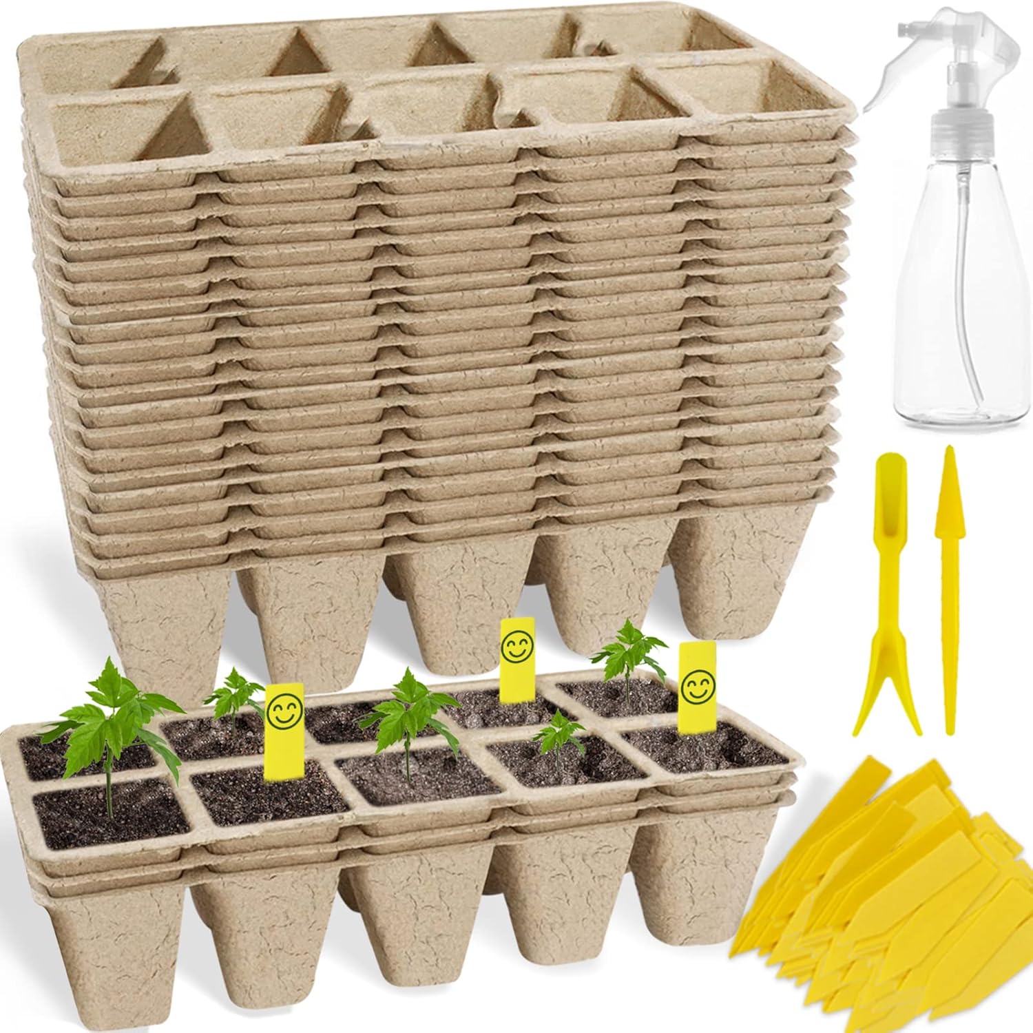200Cells Seedling Start Trays with Drain Holes,20pcs Peat Pots Seedling ...