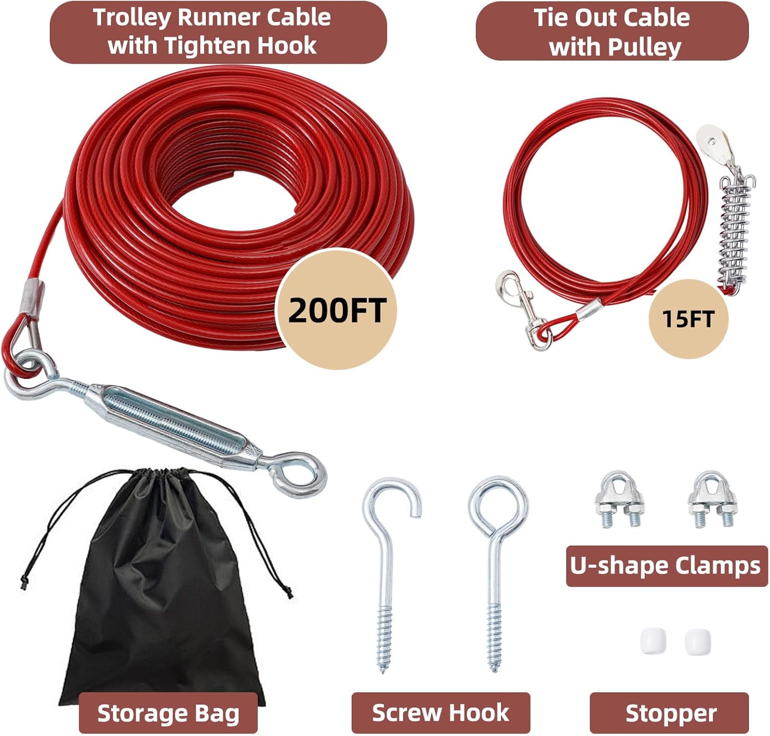 200FT Dog Runner for Yard with 15FT Tie Out Cable - Heavy Duty Trolley ...