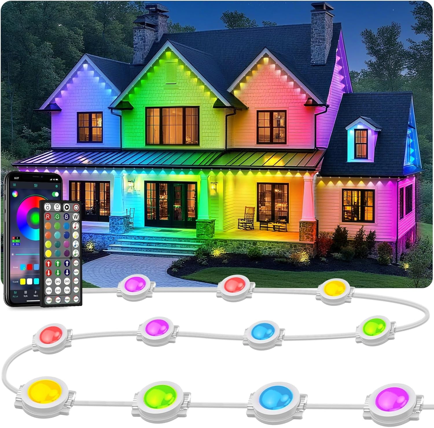 200FT Permanent Outdoor Lights for House , RGB Eave LED Lighting with ...