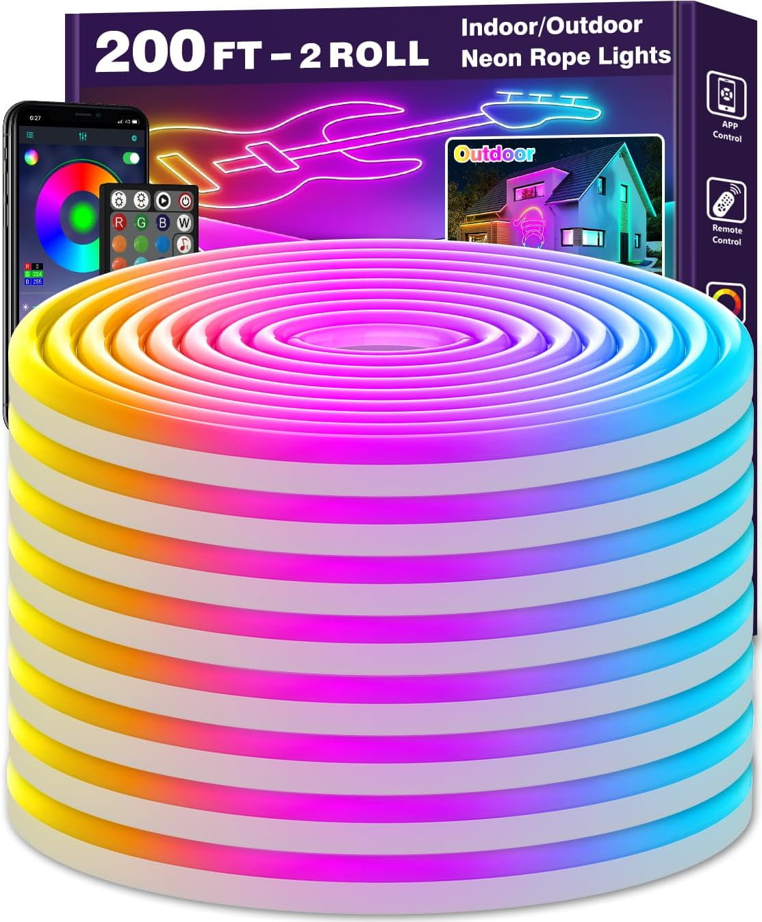 200Ft Neon Rope Lights,Flexible Rope Lights Control with App/Remote ...