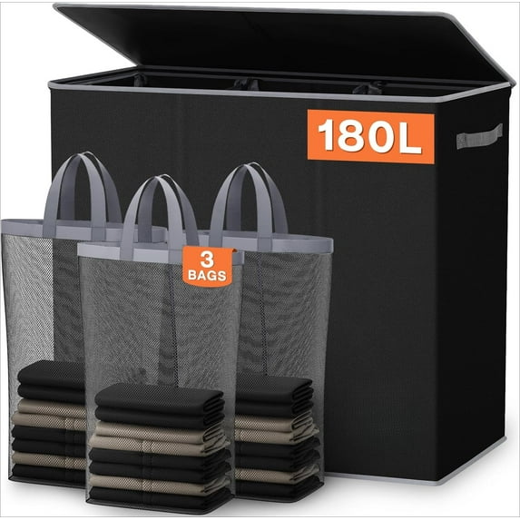 200L 3-Section Laundry Hamper with Lid, Extra Large Dirty Clothes ...