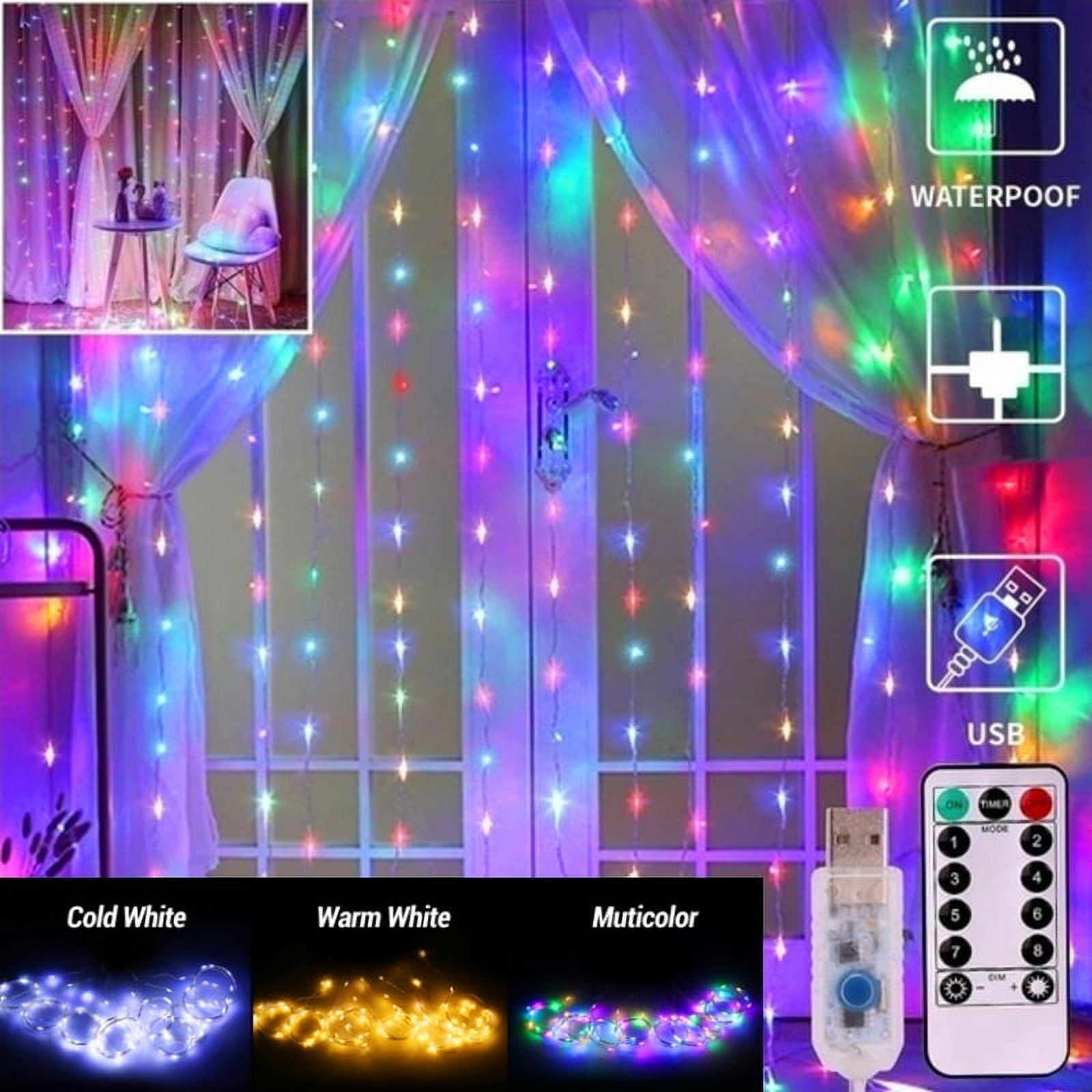 200LED Curtain Lights with Remote Controller, HESHENG USB Powered ...