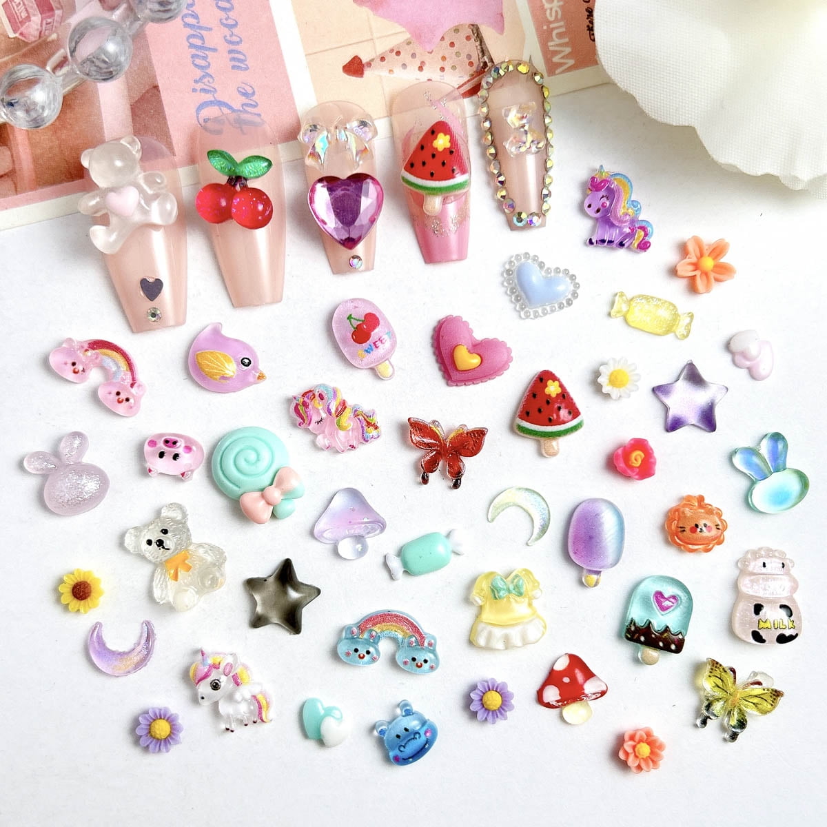 200PCS 3D Creative Rainbow Rabbit Cow Moon Resin Nail Charms Simulated ...
