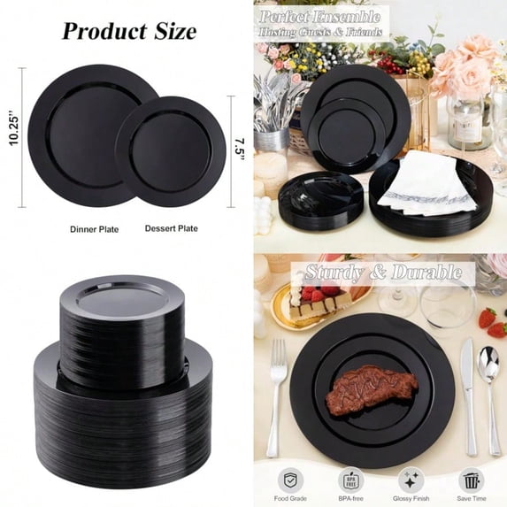 200PCS Black Plastic Plates Set 100 10.25 inch Dinner Plates and 100 7. ...