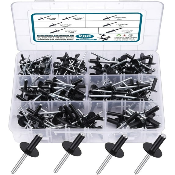 200PCS Black Rivets Pop Rivets Assortment Kit, Large flange Aluminum ...