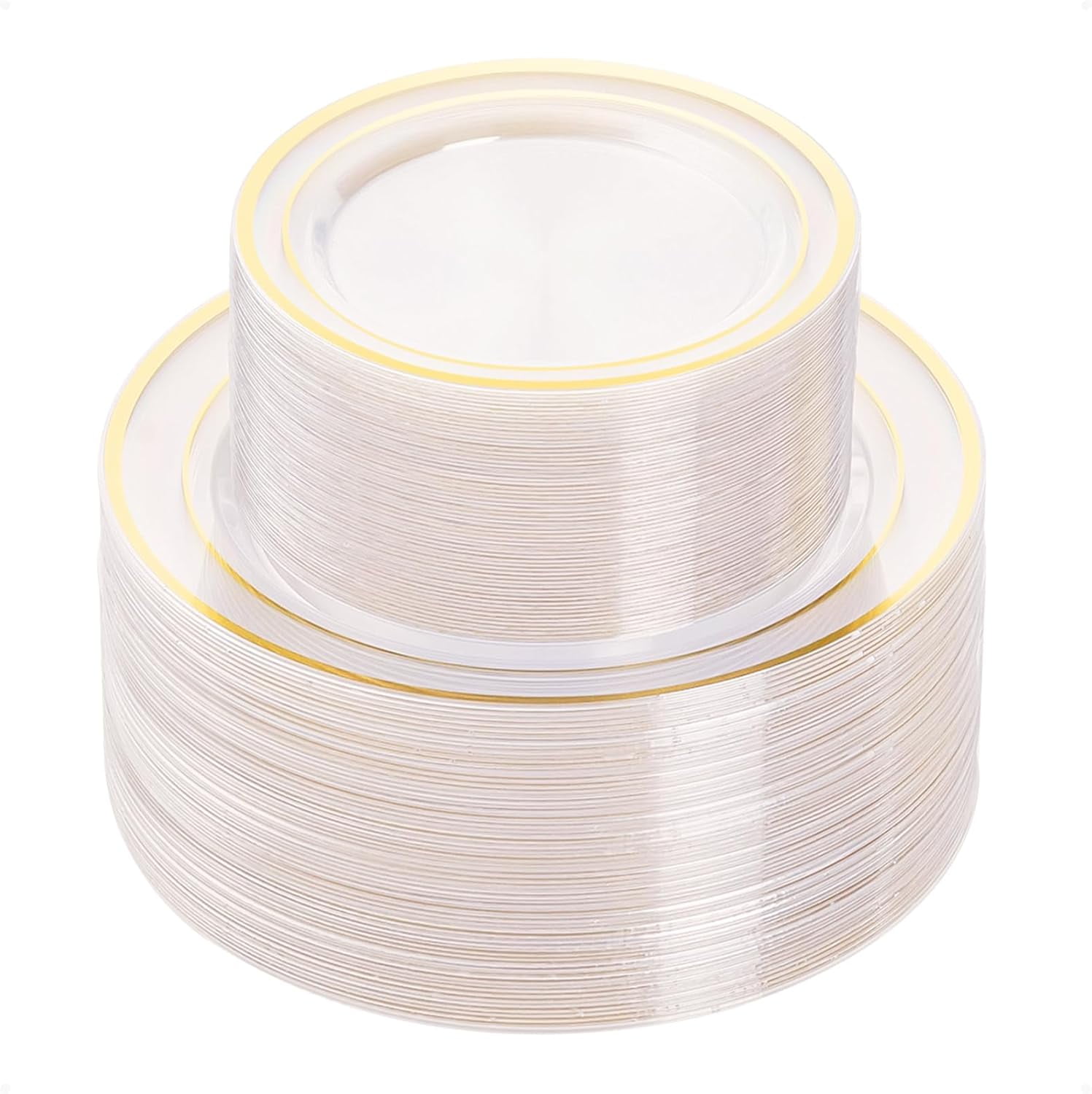 200PCS Clear Gold Plastic Plate, Disposable Party Plates with 100 ...