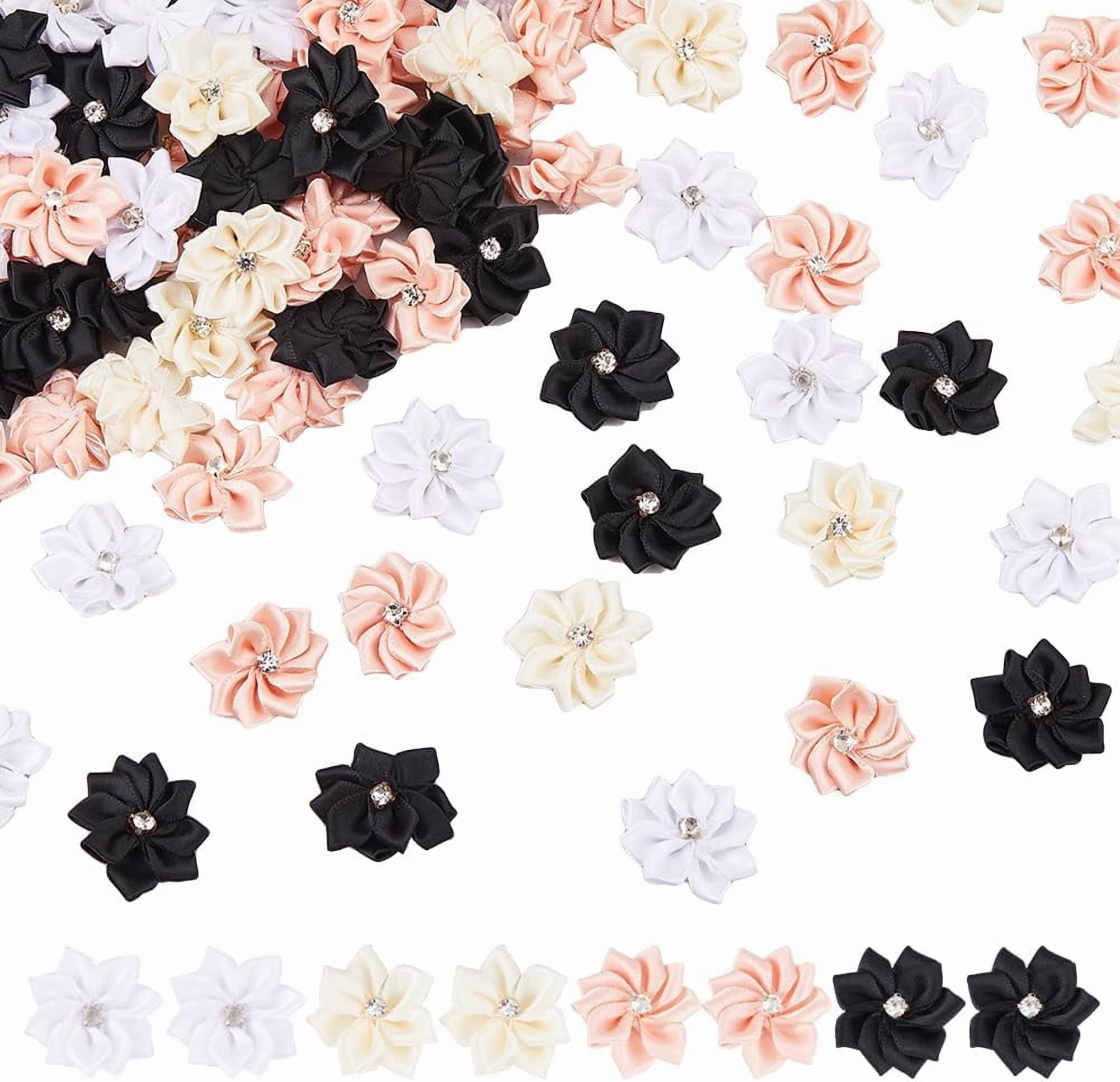 200PCS Fabric Flowers with Rhinestones 4 Colors Flower Ribbon Appliques ...