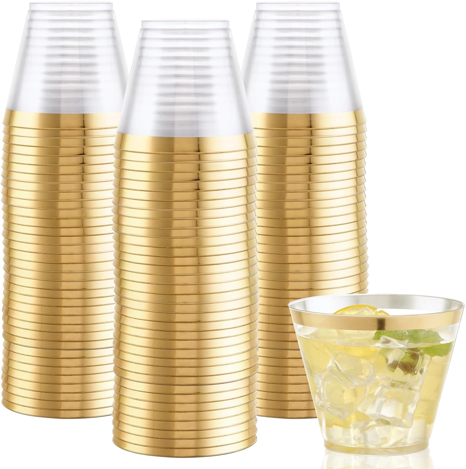 200PCS Gold Plastic Cups,9Oz Gold Rimmed Plastic Cups,Clear Plastic Cup ...