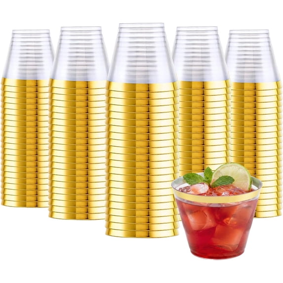200PCS Gold Plastic Cups - 9Oz Heavy Duty Disposable Clear Plastic Cups ...