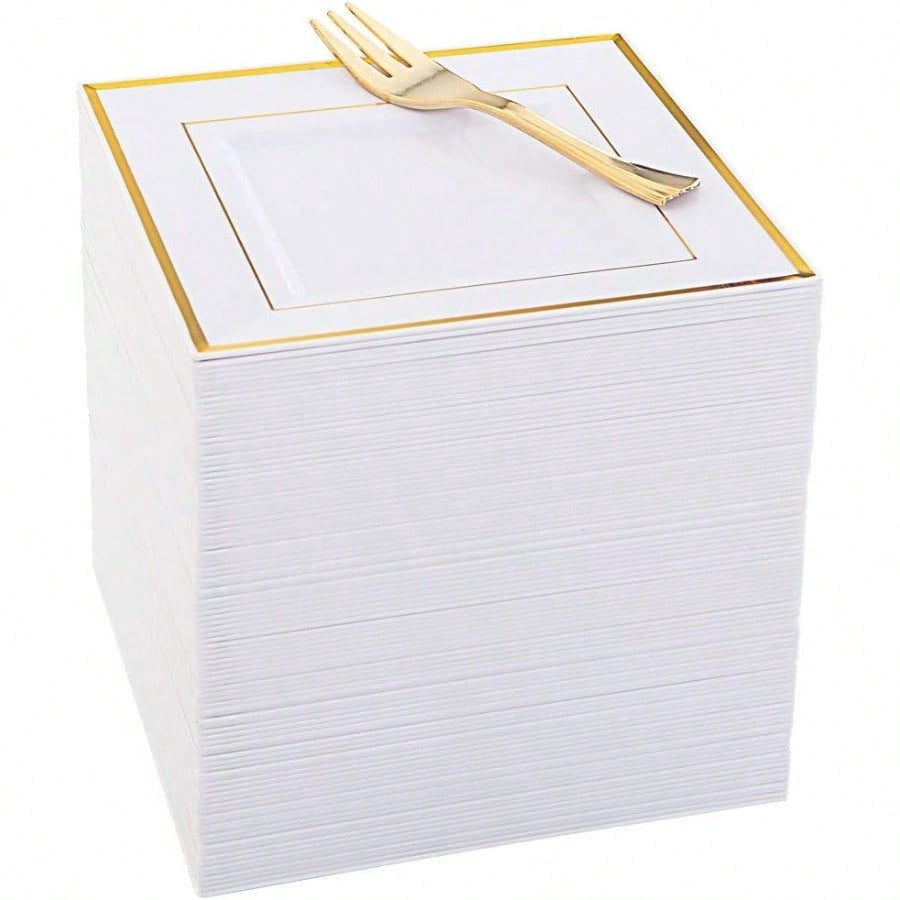200PCS Gold Plastic Dert Plates with Plastic Forks -6 100 Square ...