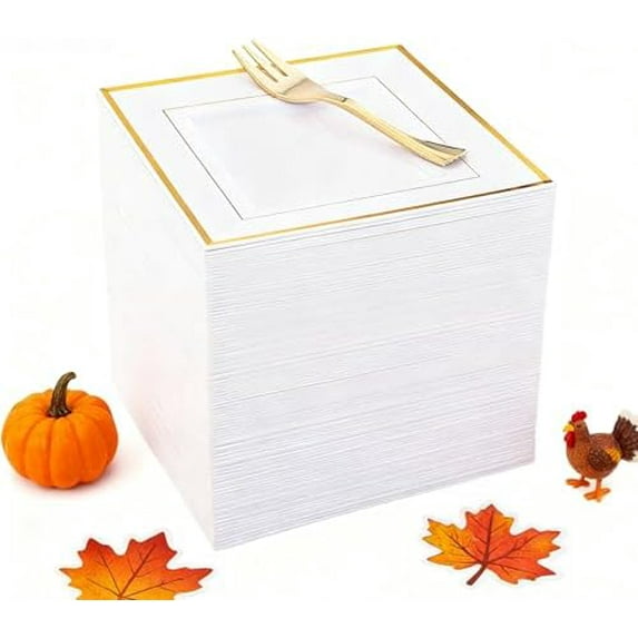 200PCS Gold Plastic Dessert Plates with Plastic Forks -6” 100 Square ...