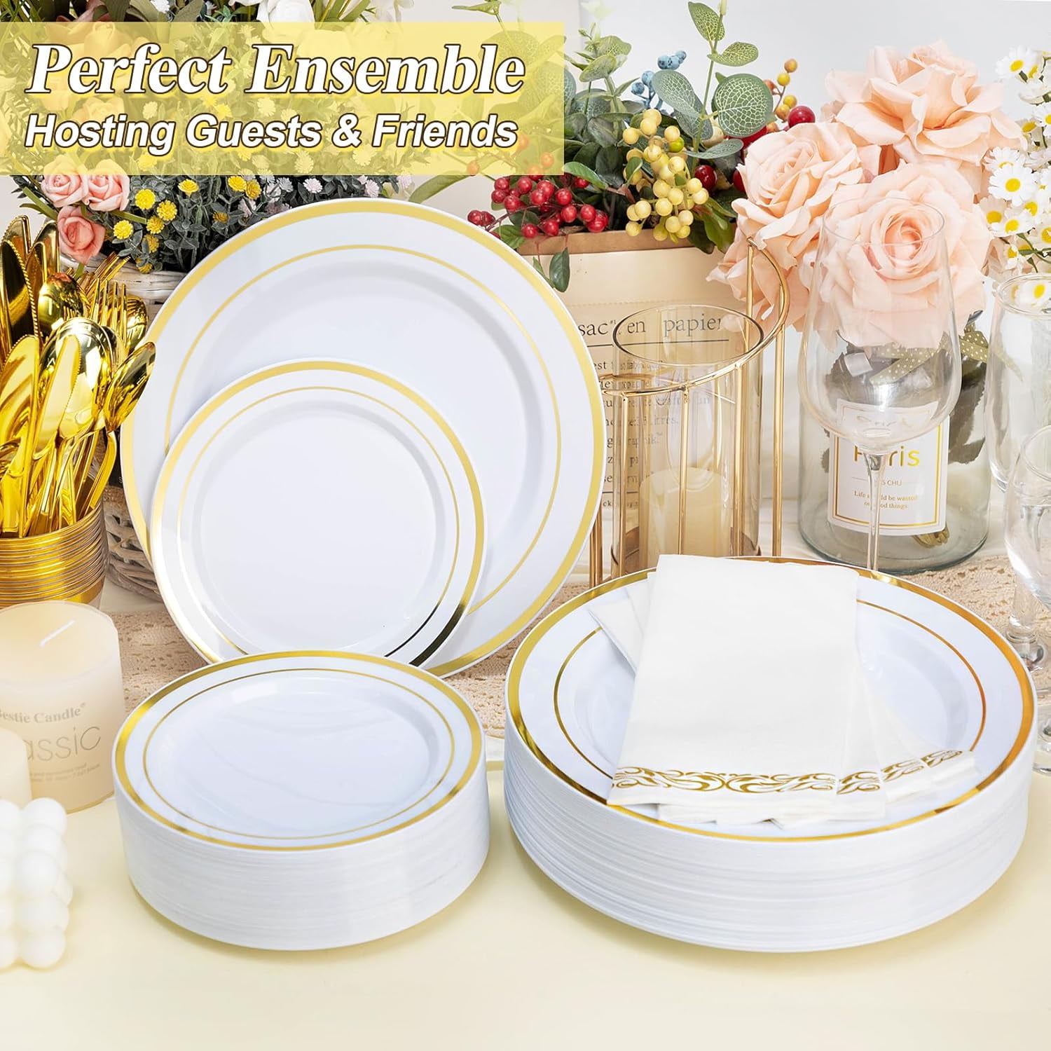 200PCS Gold Plastic Plates Set, 100 10.25 inch Dinner Plate and 100 7.5 ...