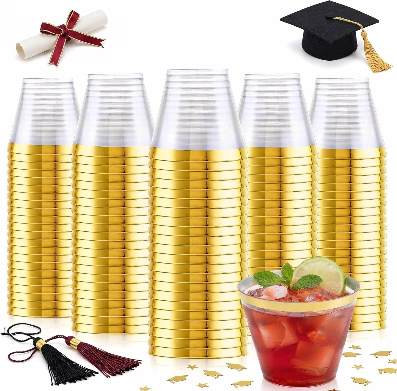 200PCS Gold Rim Clear Plastic Cups - 9oz Heavy Duty Disposable Wine ...
