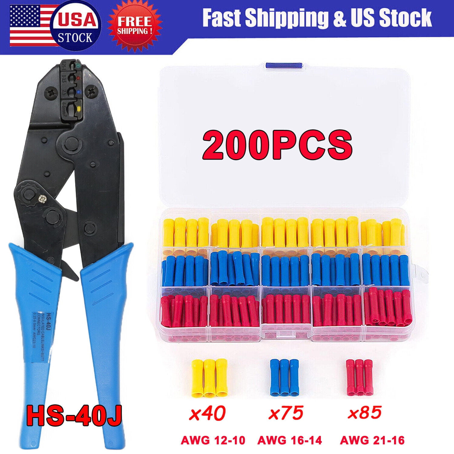 200pcs Insulated Straight Electrical Wire Butt Connectors Crimp Splice