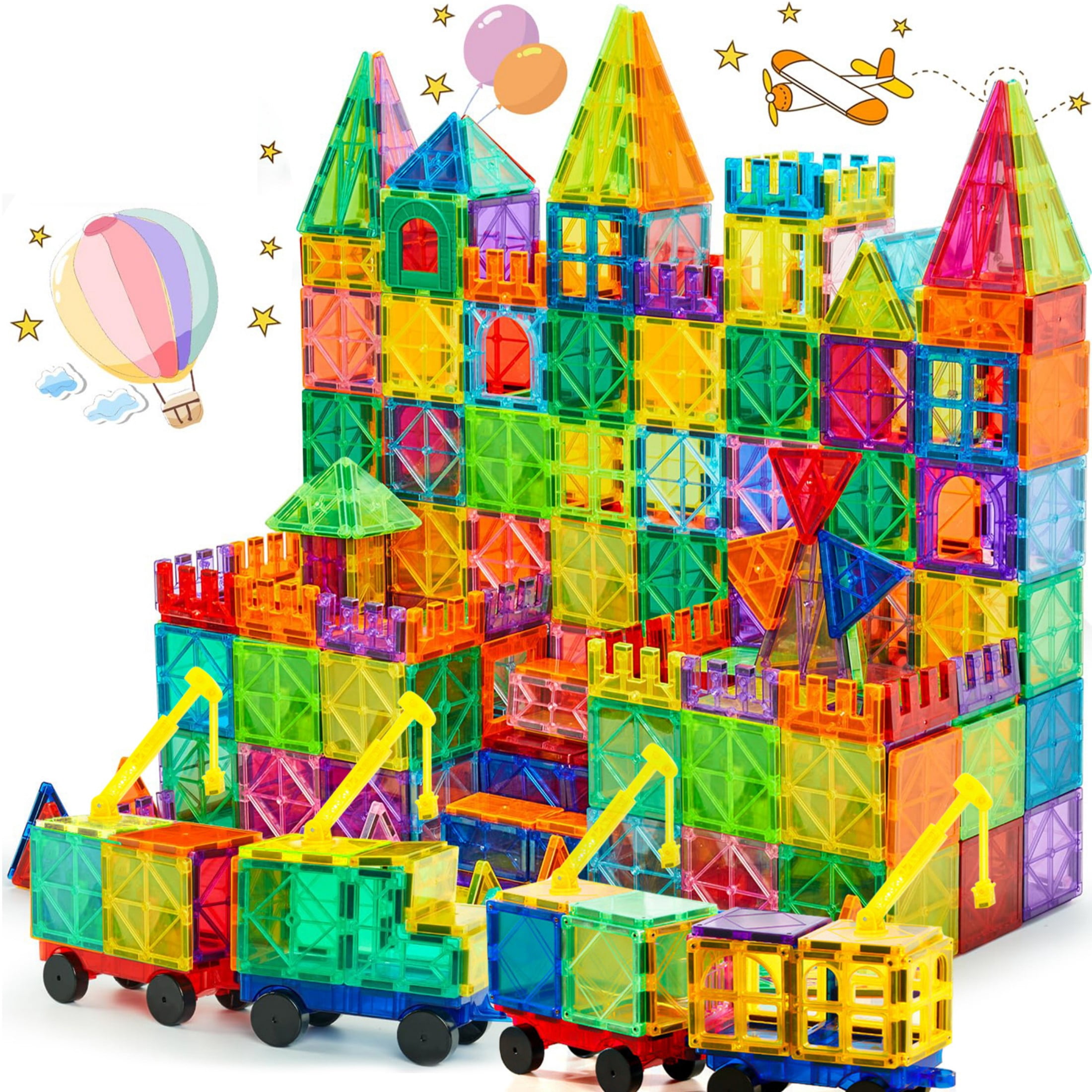 200PCS Kids Magnetic Tiles with Cars and Cranes - Clear 3D Magnet ...