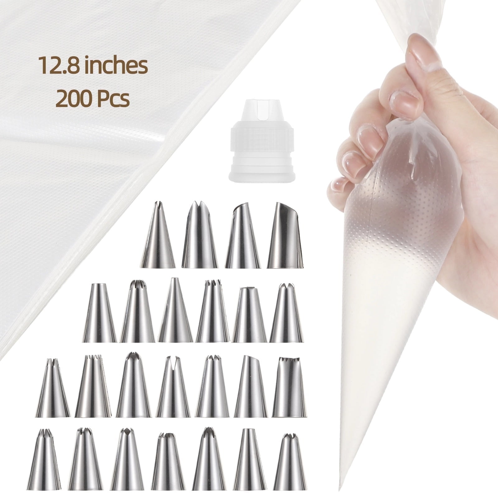 Pastry Bags, 200PCS Piping Bags 12.8" with 24 Frosting Tips & 1 Coupler ...