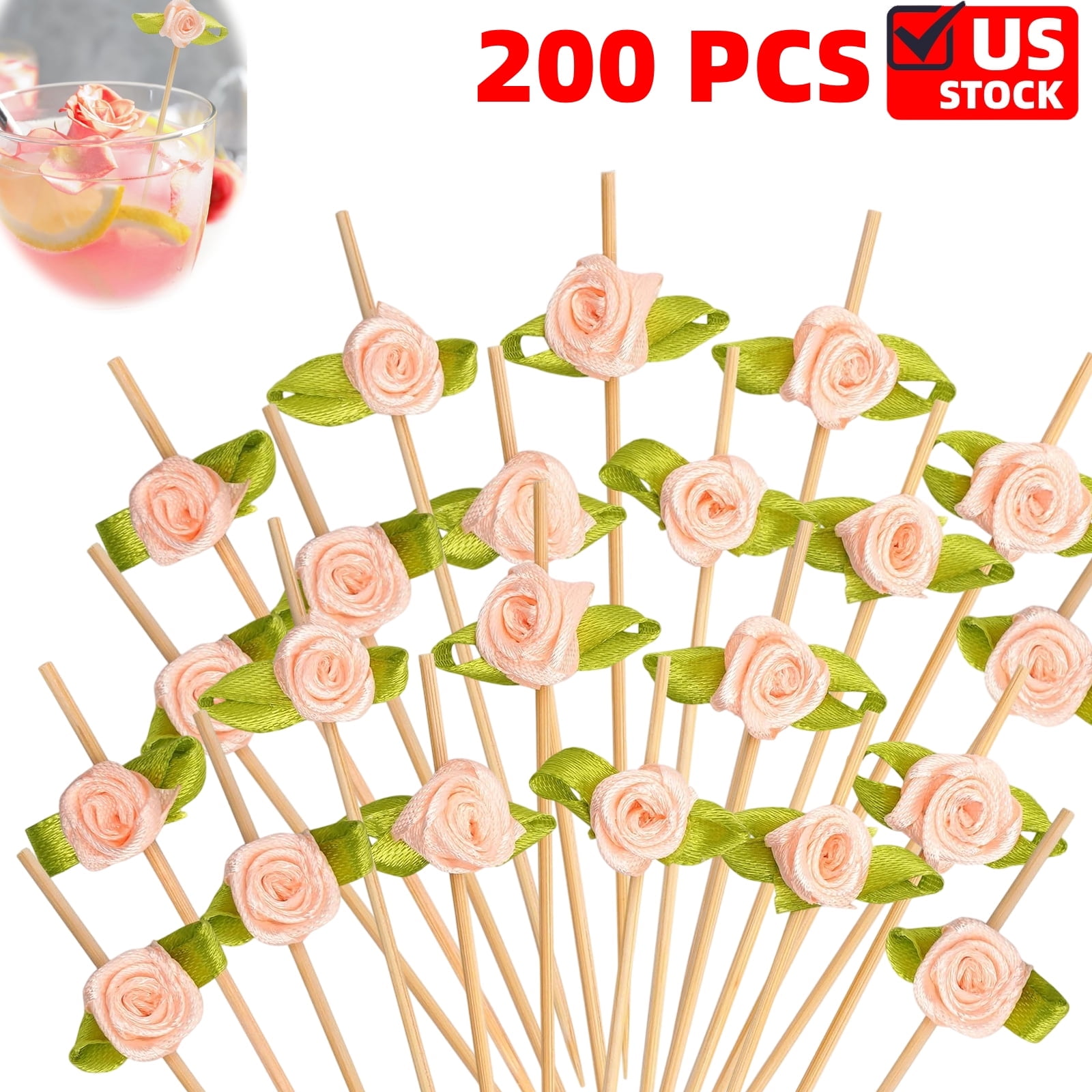 200PCS Pink Rose Flower Cocktail Picks , 4.7 Inch Long Bamboo Fancy ...