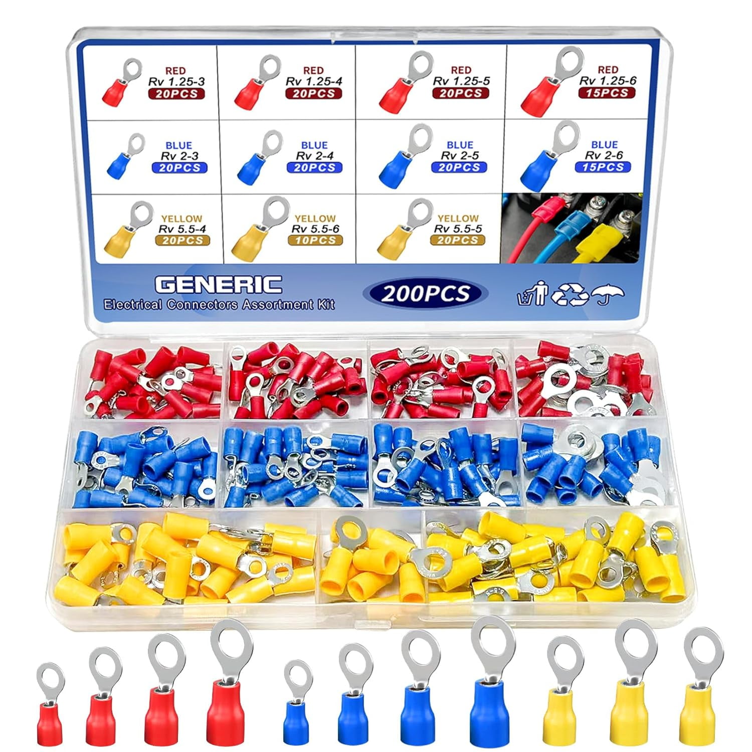 200PCS Pre-Insulated Ring Terminal Assortment Kit, Cold Crimp Wire ...
