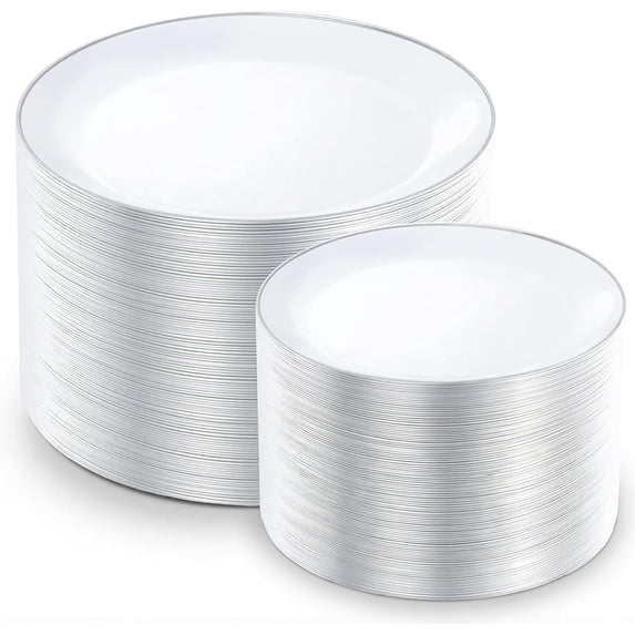 200PCS Silver Rim White Plastic Plates Set - 100 Dinner Plates and 100 ...